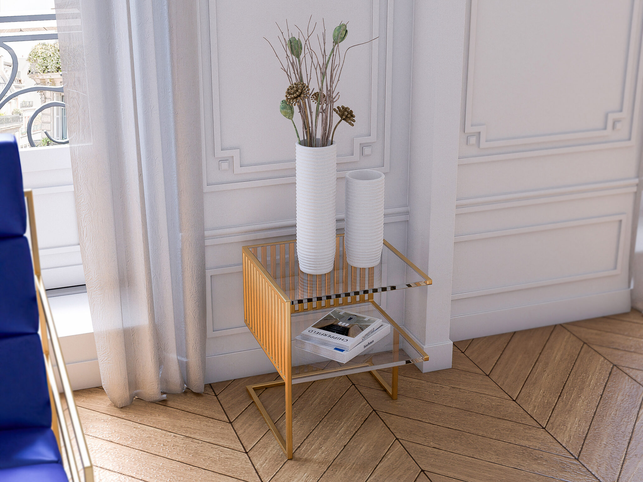 Guéridon Ambredorée (métal laiton, verre) de la marque Kurudo